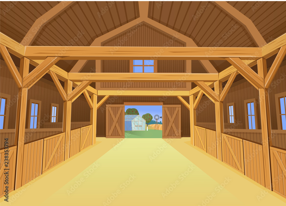 A barn for farm animals, view inside. Vector illustration in cartoon ...