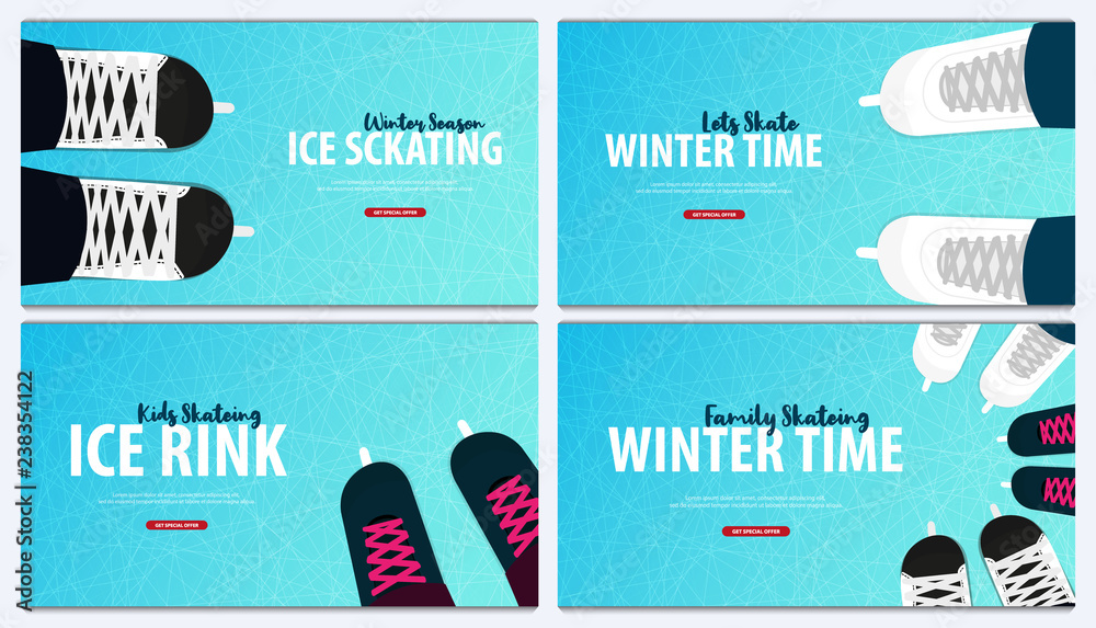 Set of Banners with Ice skates. Figure skating. Texture of ice surface ...