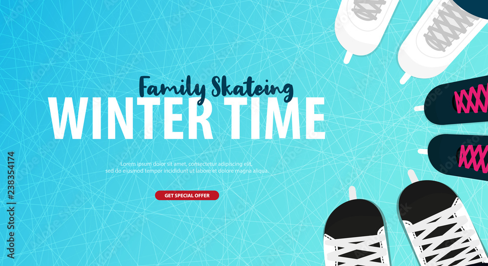 Banner with Ice skates. Figure skating. Texture of ice surface. Winter ...