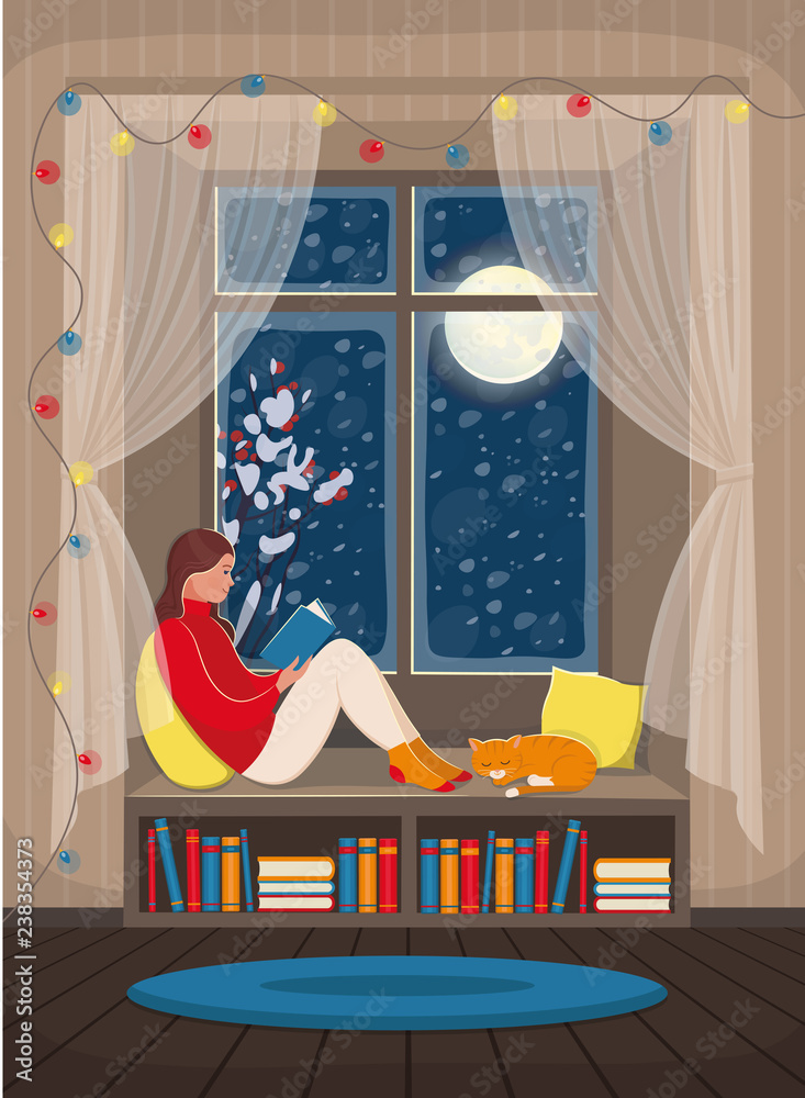 A girl reading a book on the windowsill. Cozy interior with a snow ...