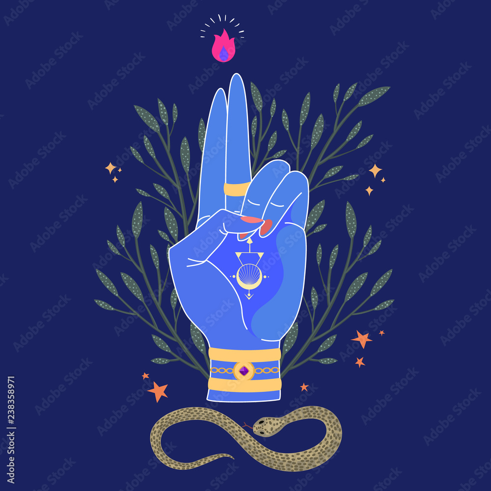 Ornate blessing hand with sacred symbols in bohemian style. Hand drawn ...