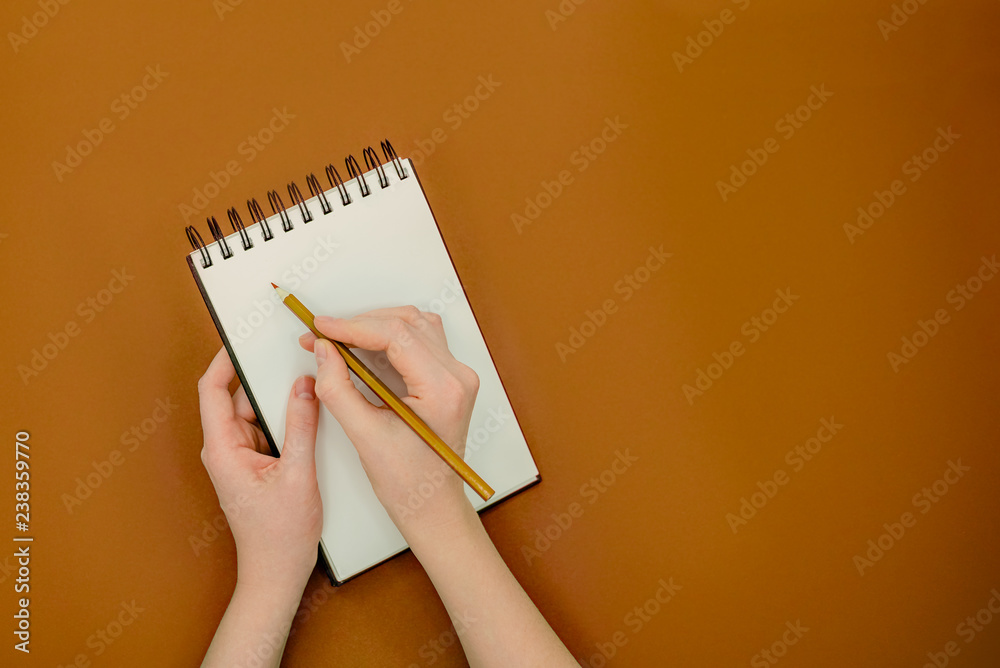 Female hand holding pencil and sketchbook. Mock-up Concept. Bright ...