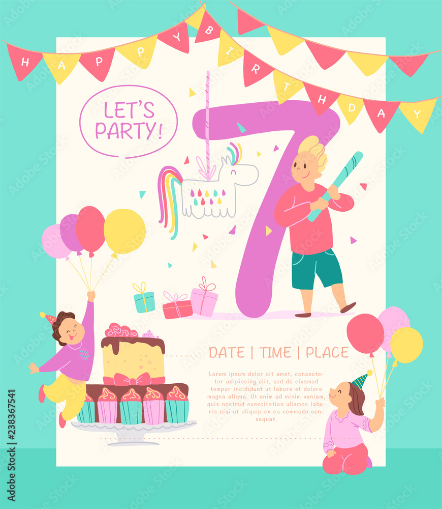 Vector invitation design template for birthday party with bd cake ...
