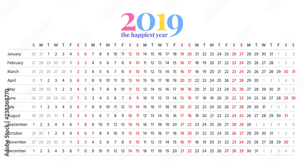 2019 calendar linear design. Vector. Stationery template 2019 year in ...
