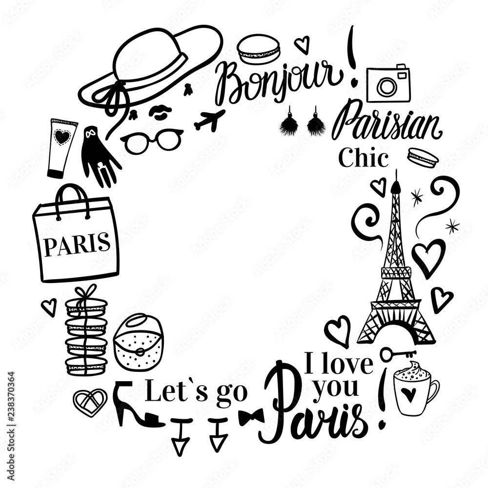 Paris Set shopping black sketch fashion illustration. Frame with space ...