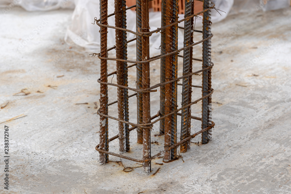 Concept of construction brick house. Close up photo of metal building ...