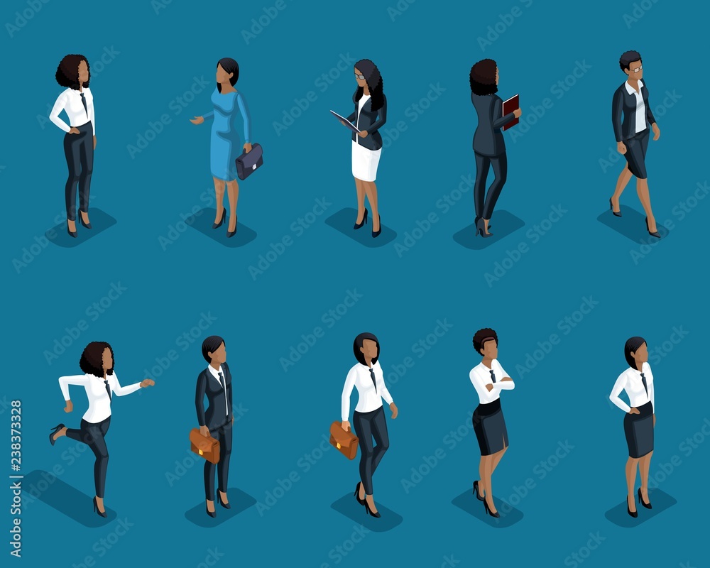 Isometrics set of women of African American office workers, in business ...