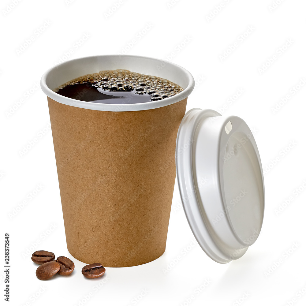 Coffee in blank craft or kraft take away cup with beans mockup or mock ...