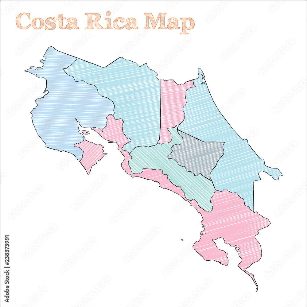 Costa Rica hand-drawn map. Colourful sketchy country outline. Elegant ...