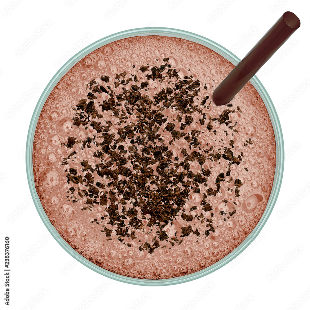 Chocolate milkshake with straw and grated chocolates in glass from top ...