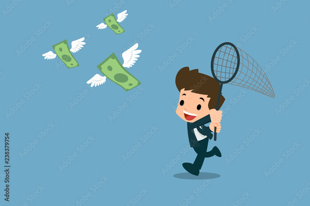 Happy businessmen use insect trapping nets to trying, running to catch ...