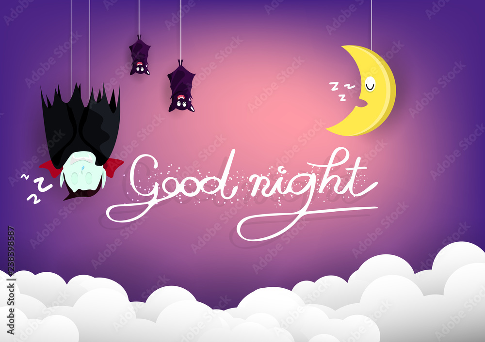 Good night, Halloween concept, vampire and bats sleeping with moon on ...