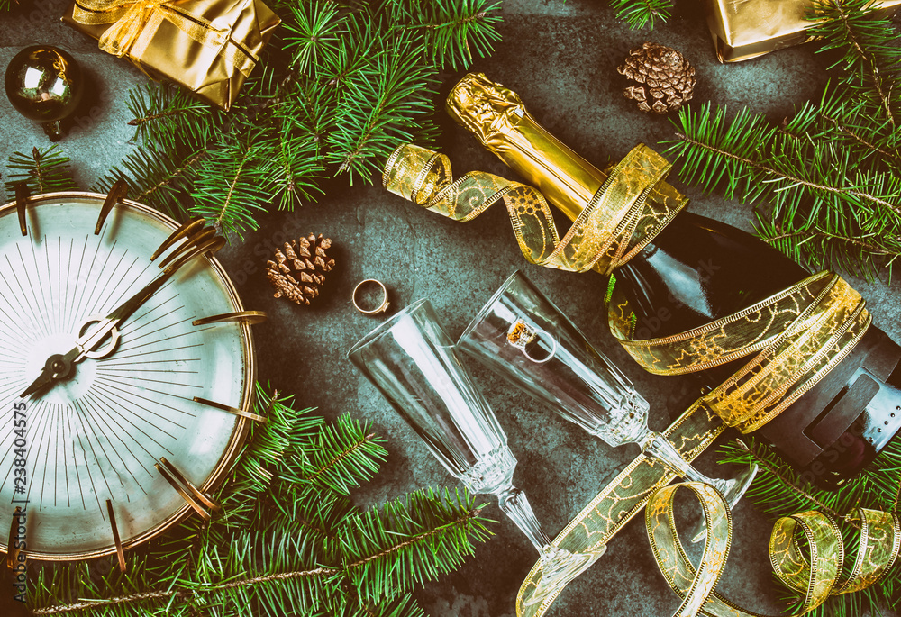 New Year Eve tradition rutual put gold ring to champagne. Spanish and ...