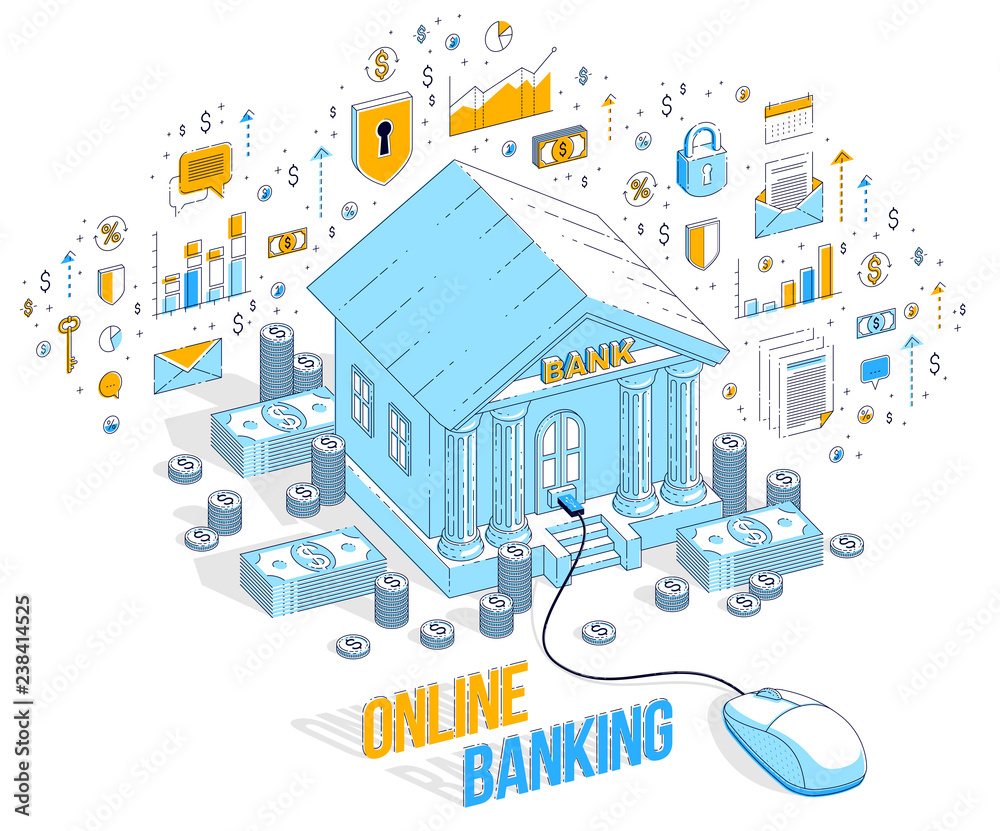 Online Banking concept, bank building with computer mouse connected ...