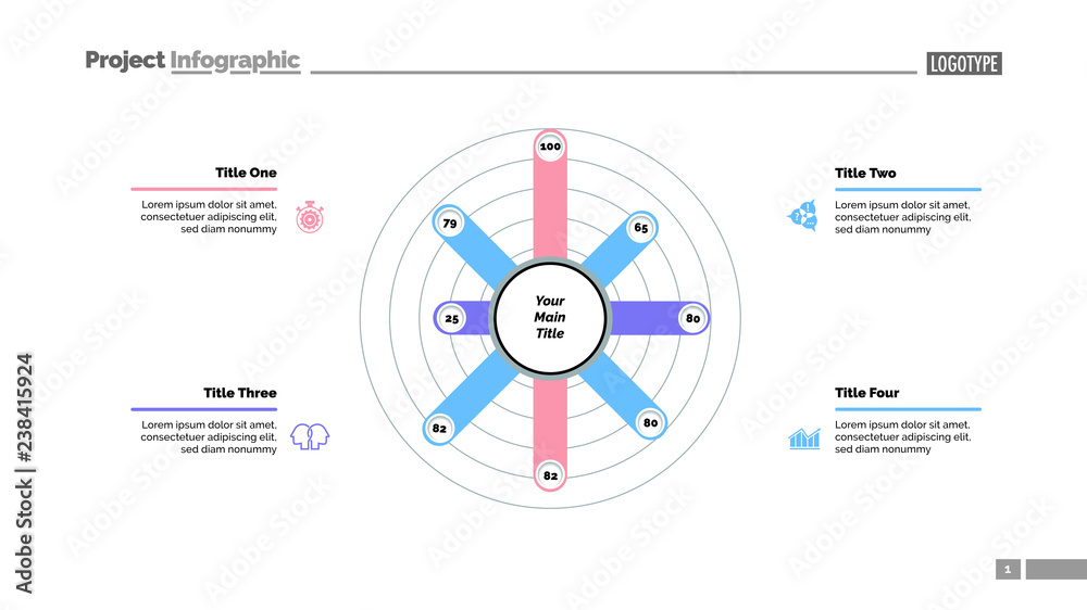 Eight columns radial bar chart slide template. Business data. Option ...