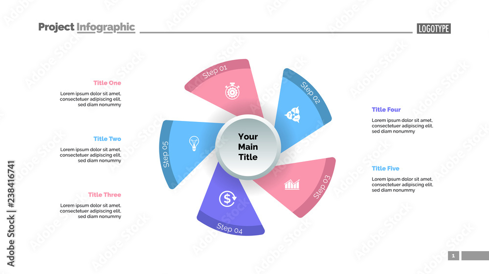 Five fan blades process chart slide template. Business data. Workflow ...