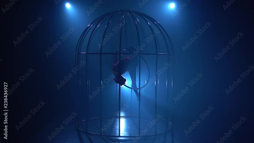 Stage performance of an aerial gymnast on a hoop in a cage on the stage ...