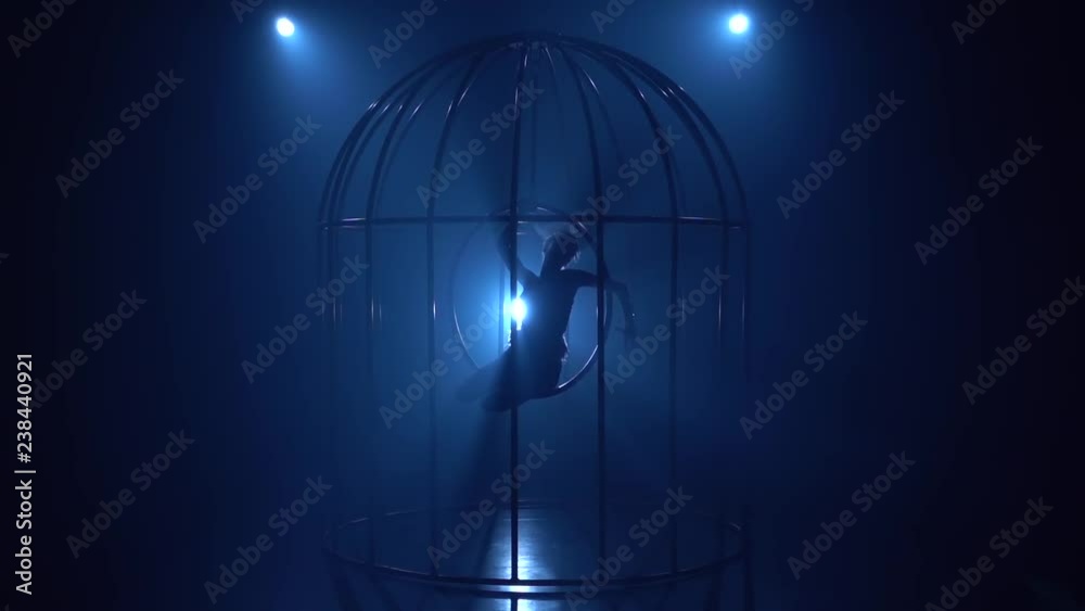Stage performance of an aerial gymnast on a hoop in a cage on the stage ...