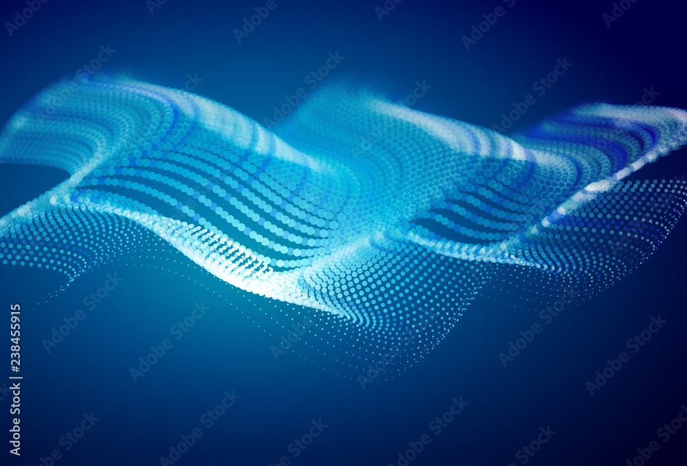 Abstract blue digital landscape with flowing particles. Cyber or ...