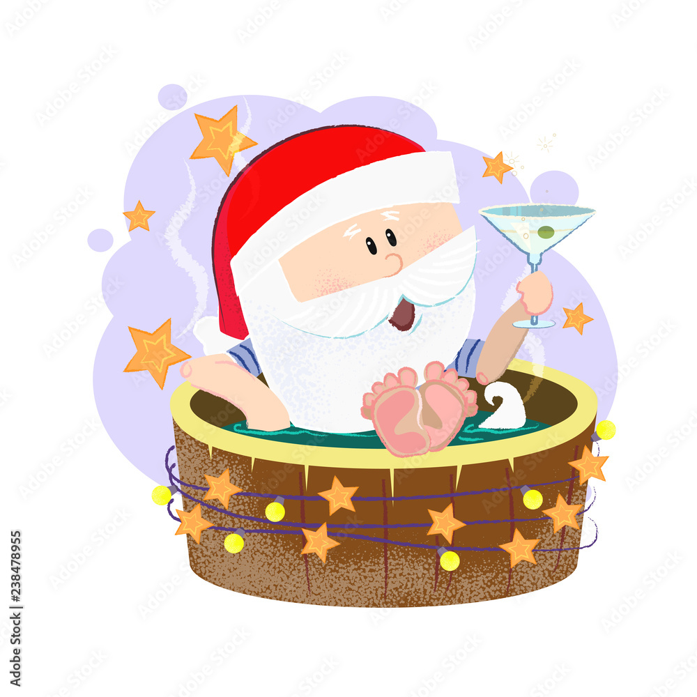 Cartoon Santa drinking cocktail and having outdoor bath at spa resort ...