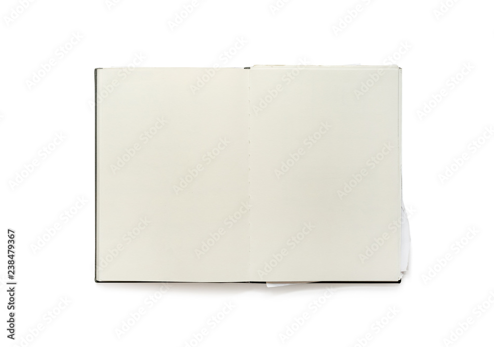 Vintage blank open notebook isolated on white background. Stock Photo ...
