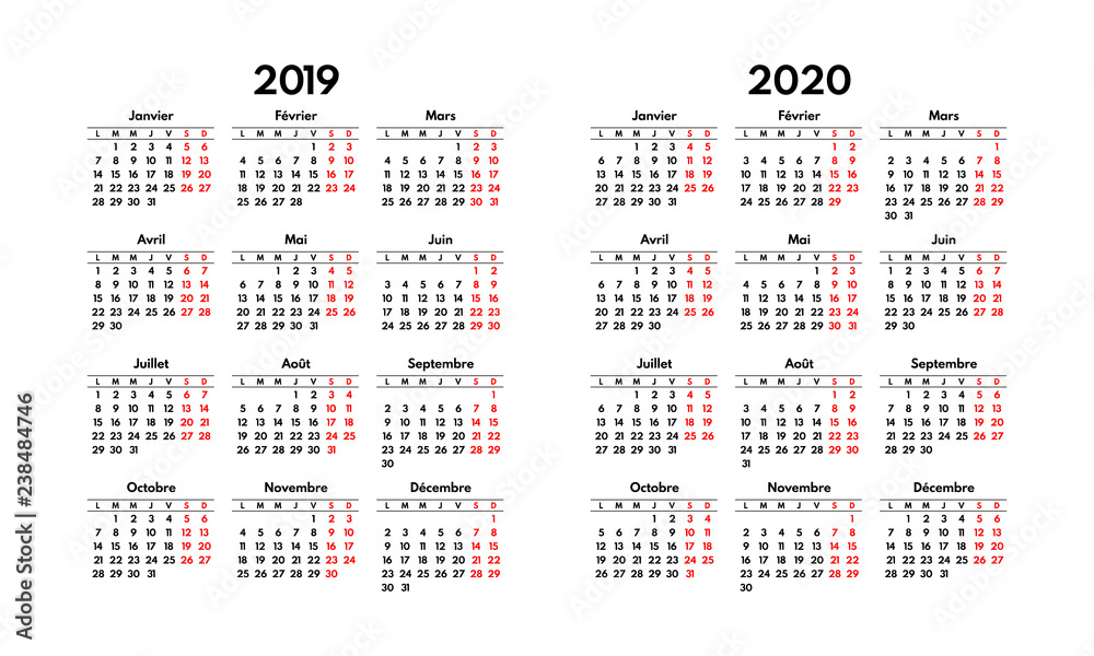 simple 2019 2020 french calendar grid, starts monday, two weekend Stock ...