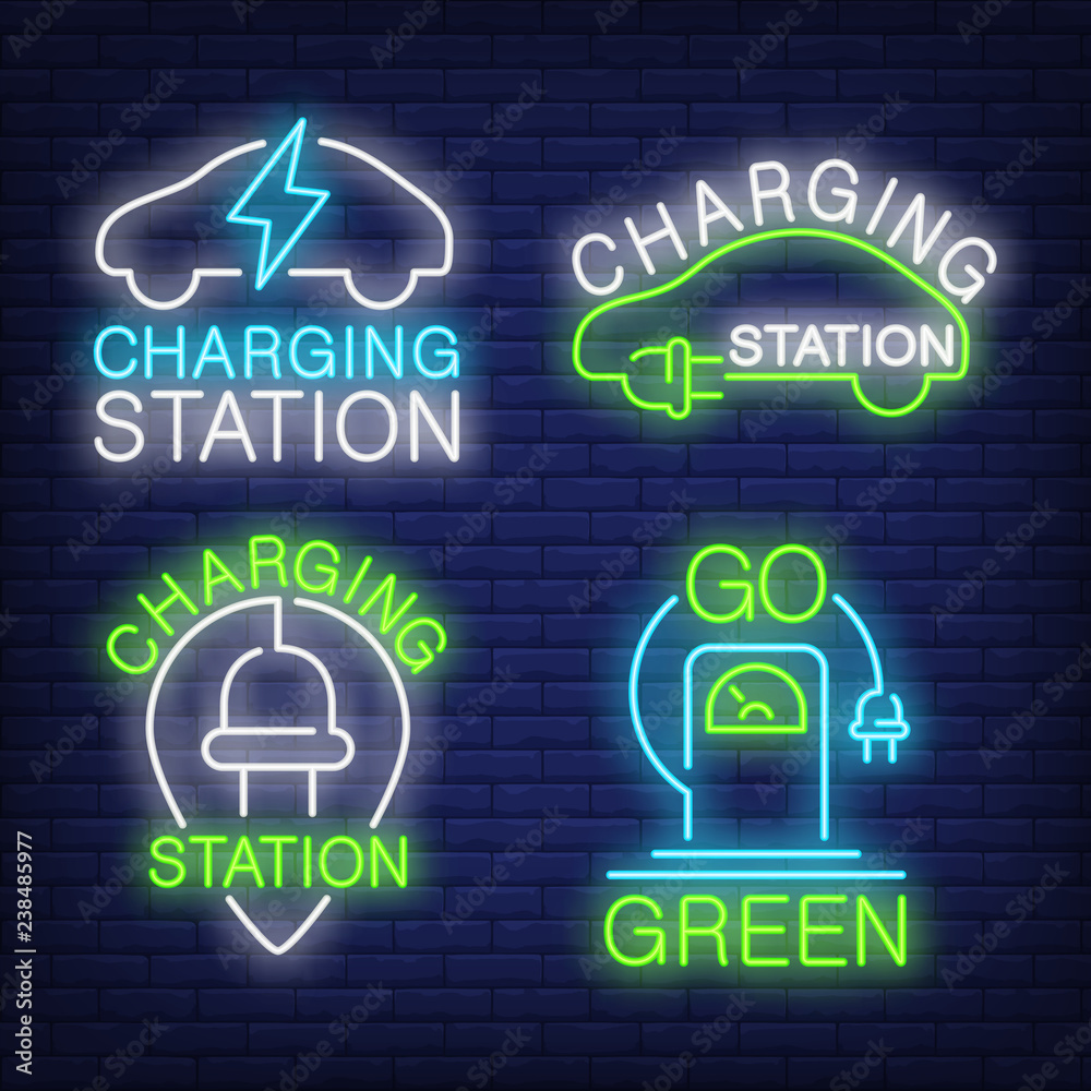 Car charging station neon sign set. Vehicle, plug, voltage symbol on ...