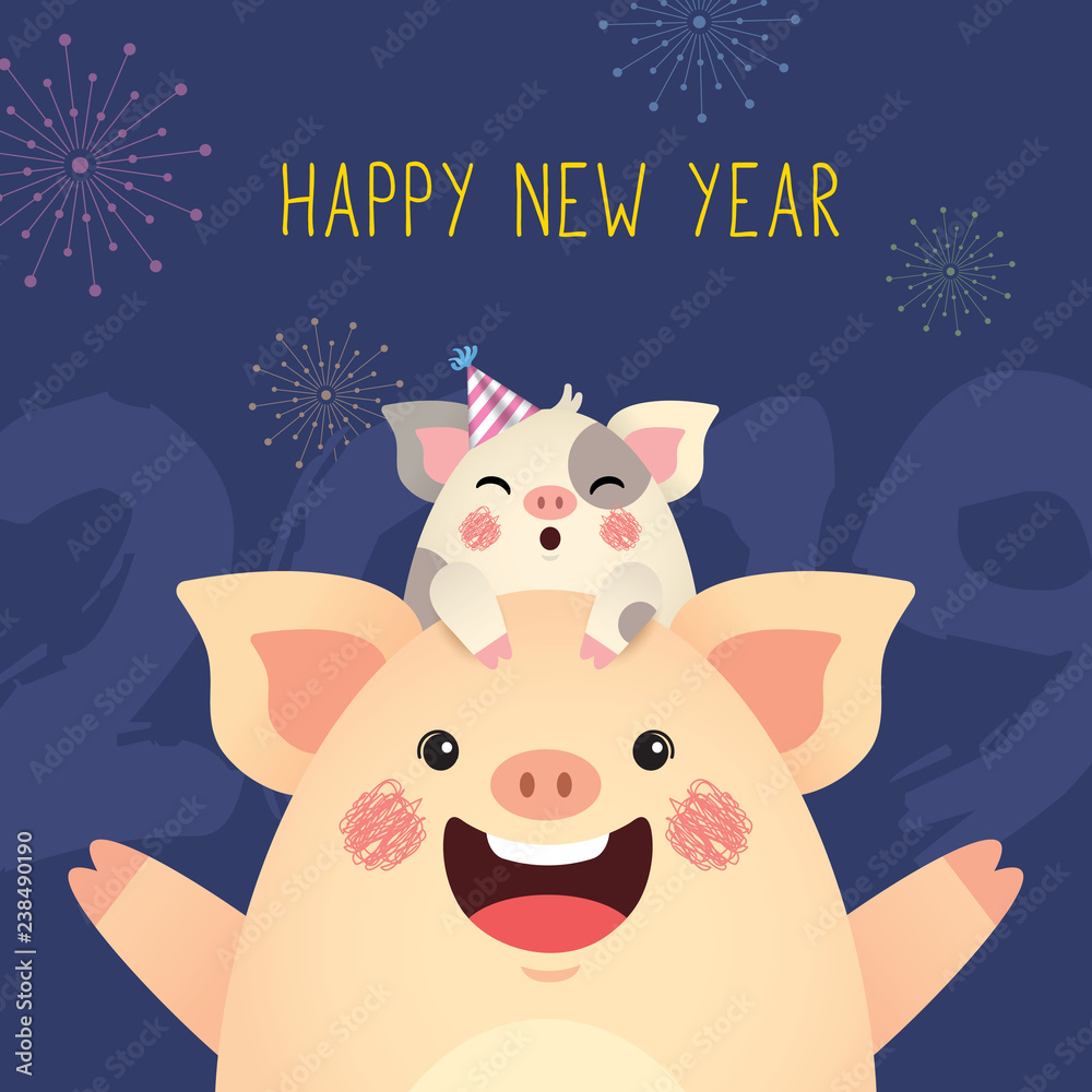 Happy New Year 2019 greeting card. Cute cartoon pigs celebrate new year ...