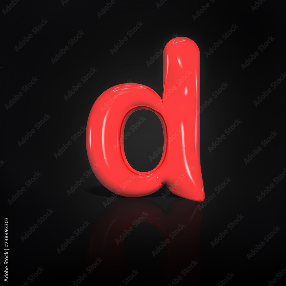 Glossy red paint letter D lowercase of bubble isolated on black ...