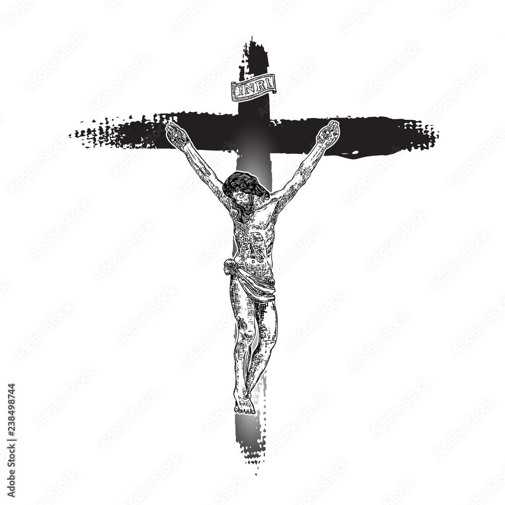 Jesus on the cross. Hand painted with real ink brush, grunge Christian ...