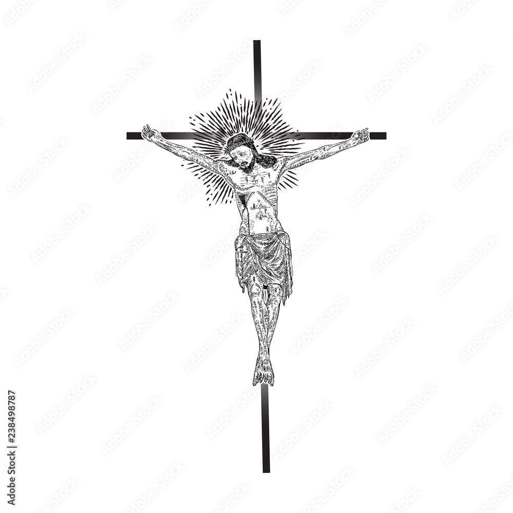 Jesus Christ on the cross with Rays of halo light and beams, symbol of ...