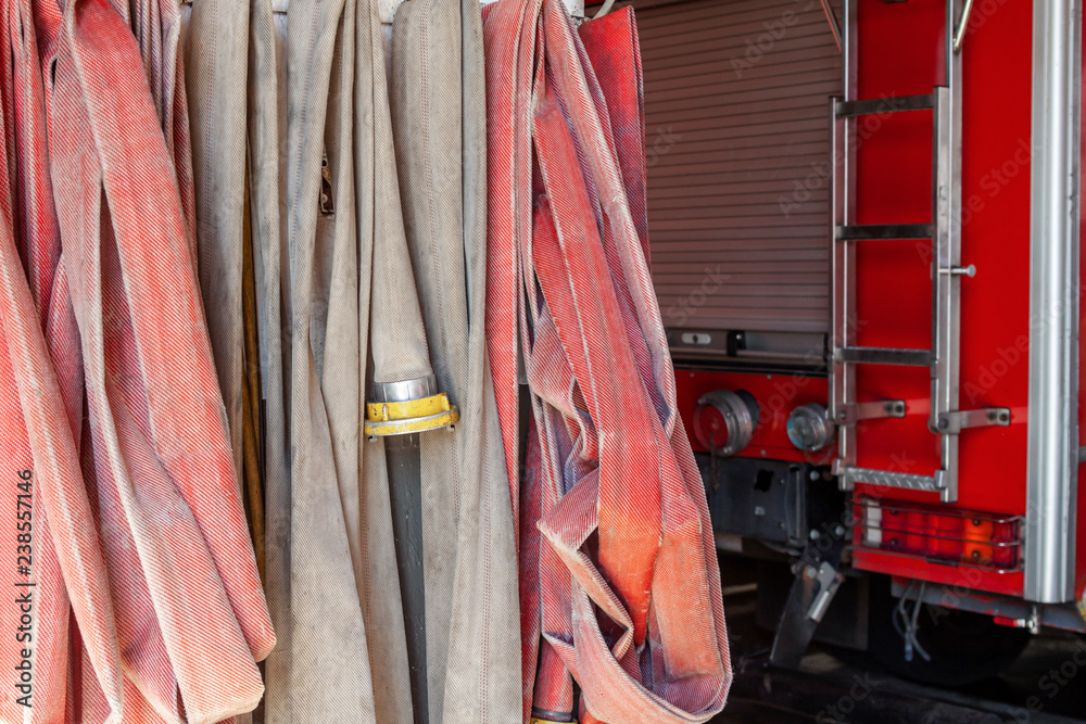 Fire-fighting vehicle with special equipment outdoors. Firefighting ...