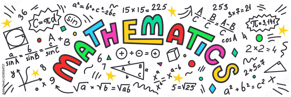 Mathematics. Maths doodles with colorful lettering on white background ...