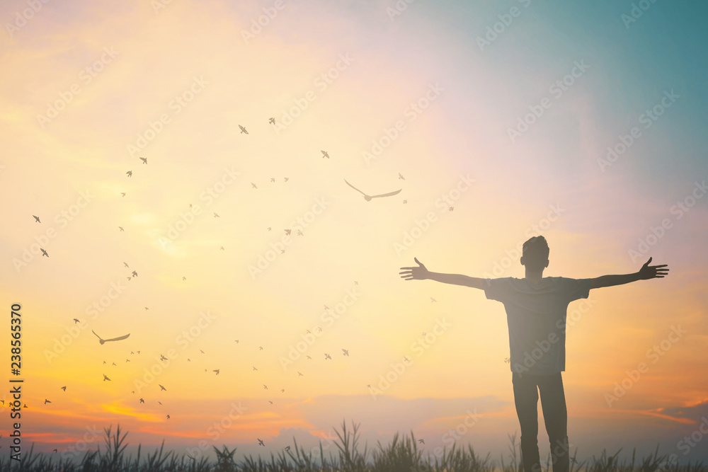 Happy man rise hand on morning view. Christian inspire praise God on ...