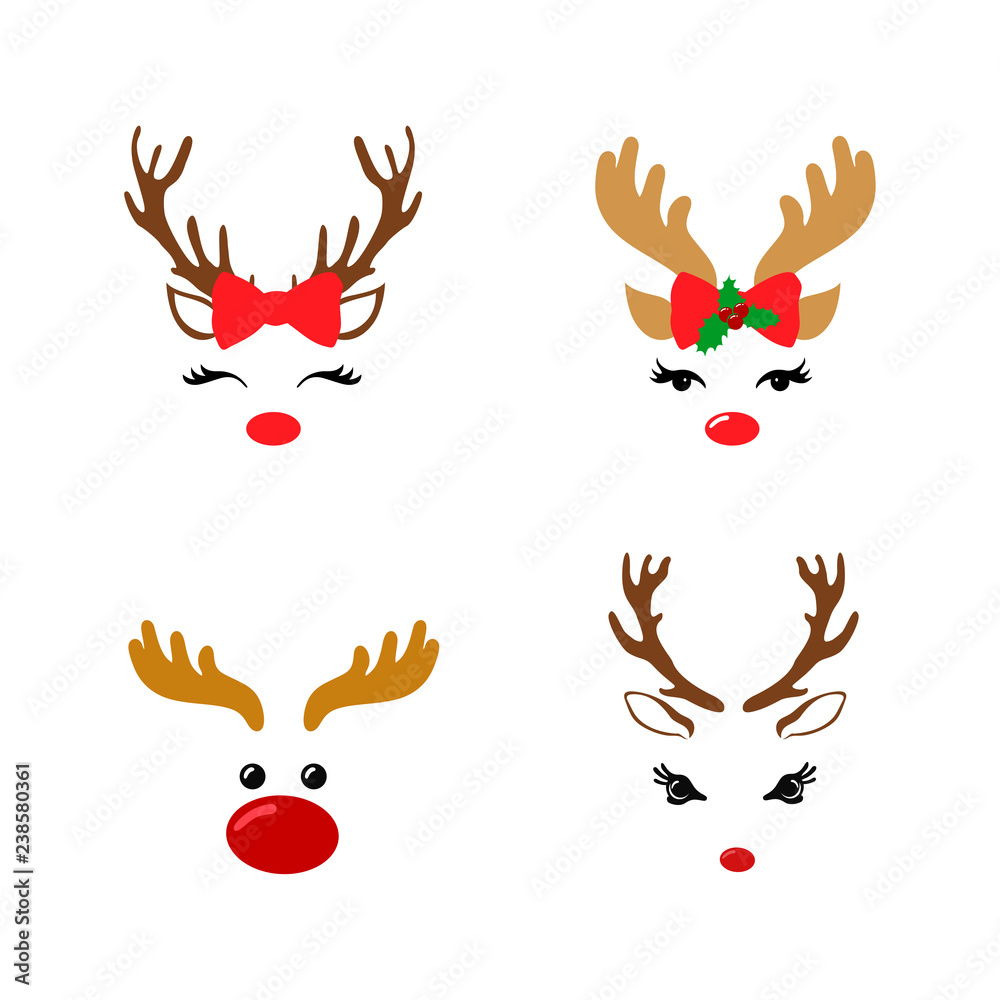Set of a cute reindeer face with Christmas decoration. Vector ...