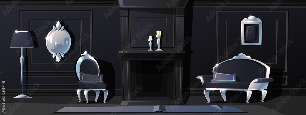Vector cartoon luxury living room in black colours with fireplace. Rich ...