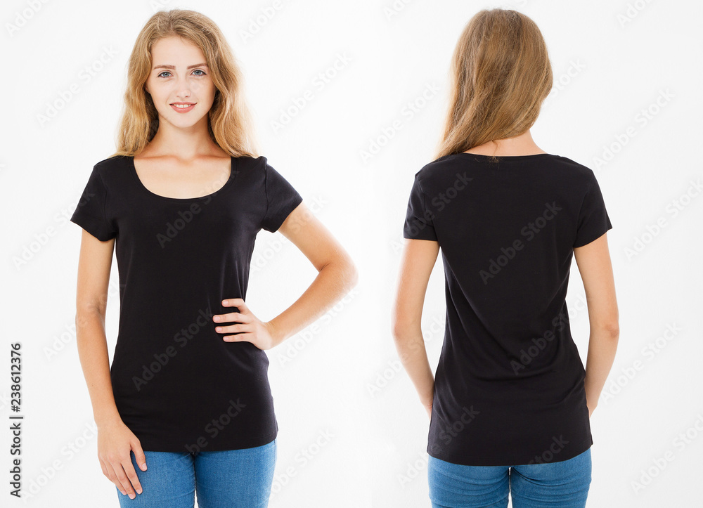 set girl in black t shirt front back views, woman t-shirt, blank,mock ...