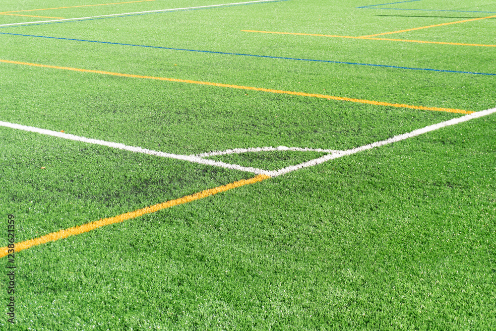 Soccer field with a new artificial turf field, white corner marking ...