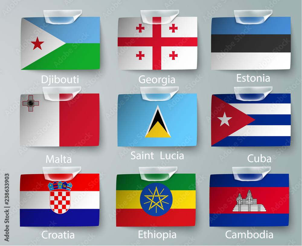 realistic set of flags of paper of countries with tapes Stock Vector ...