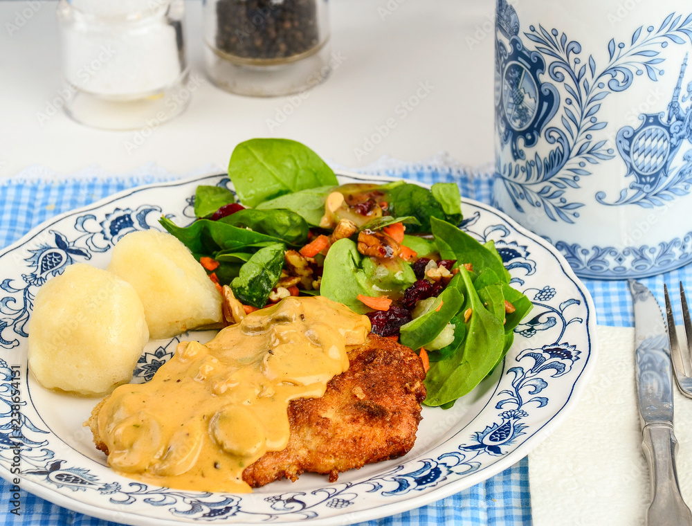 Bavarian JagerSchnitzel Dinner with Kartoffel kloesse in German Setting ...