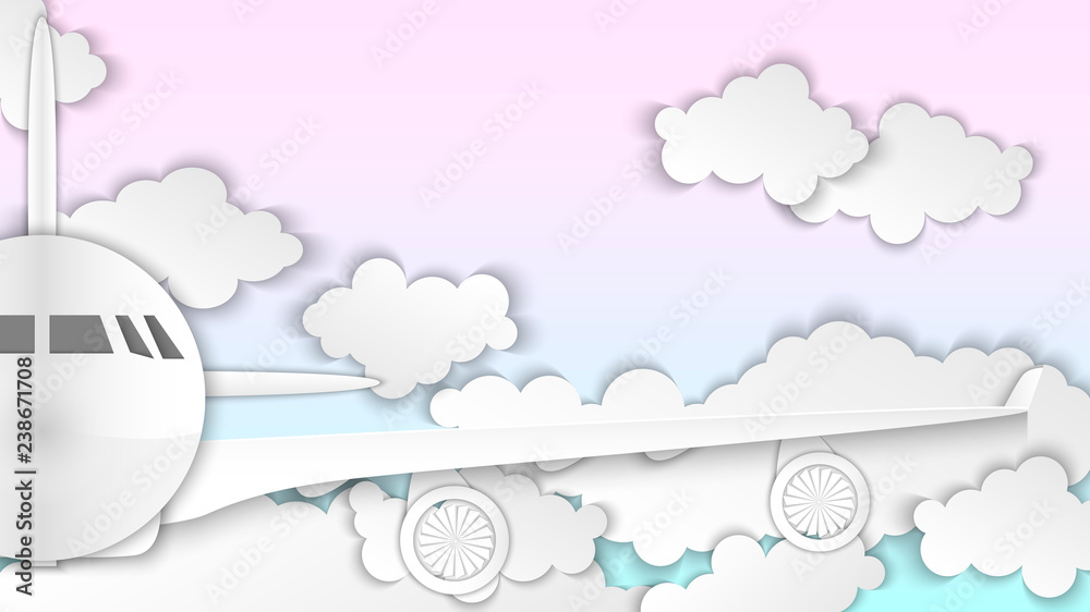 Airplane close up against the blue sky and clouds. White aviation ...