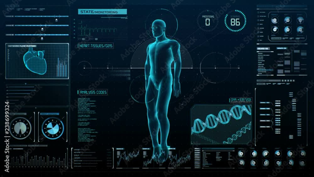 Rotating Human shin body in digital display, UI, Future medical ...