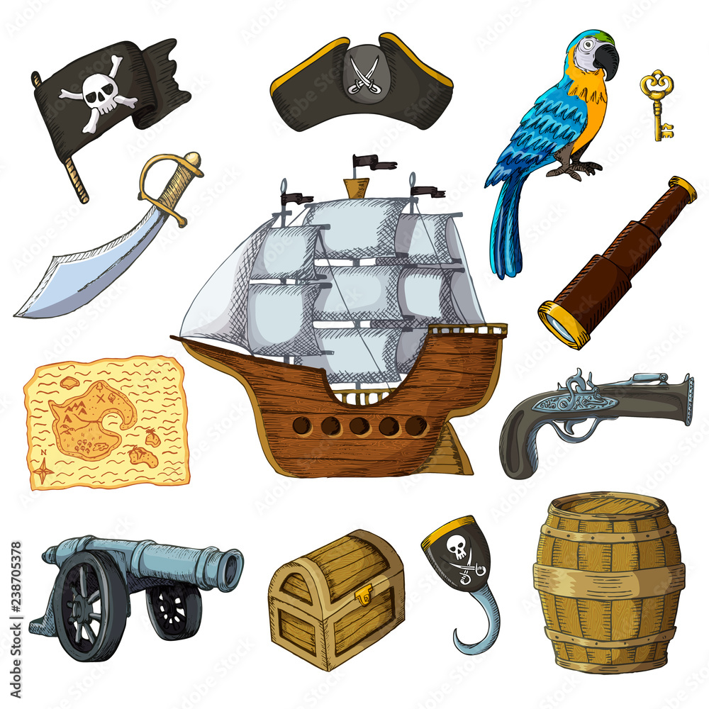 Piratic vector pirating sailboat parrot character of pirot or buccaneer ...