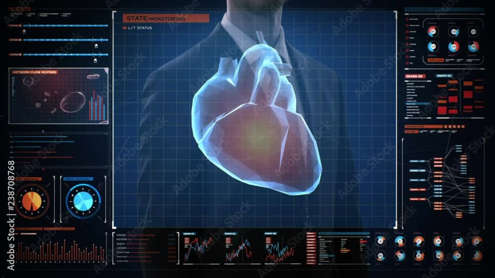 Businessman touching digital control panel screen, scanning polygon ...