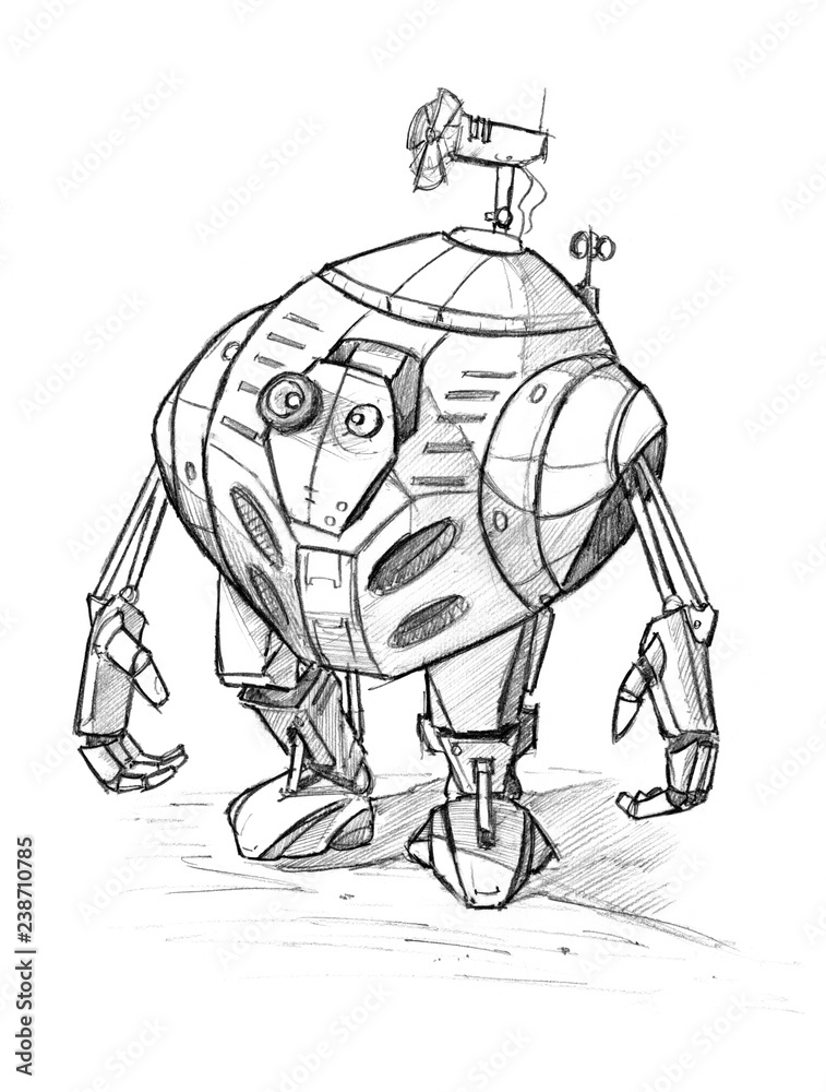 Black and white rough pencil sketch of cute funny robot character ...