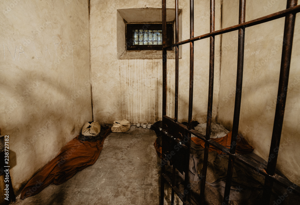 Grungy concrete wall inside prison cell in Oviedo, Spain Stock Photo ...