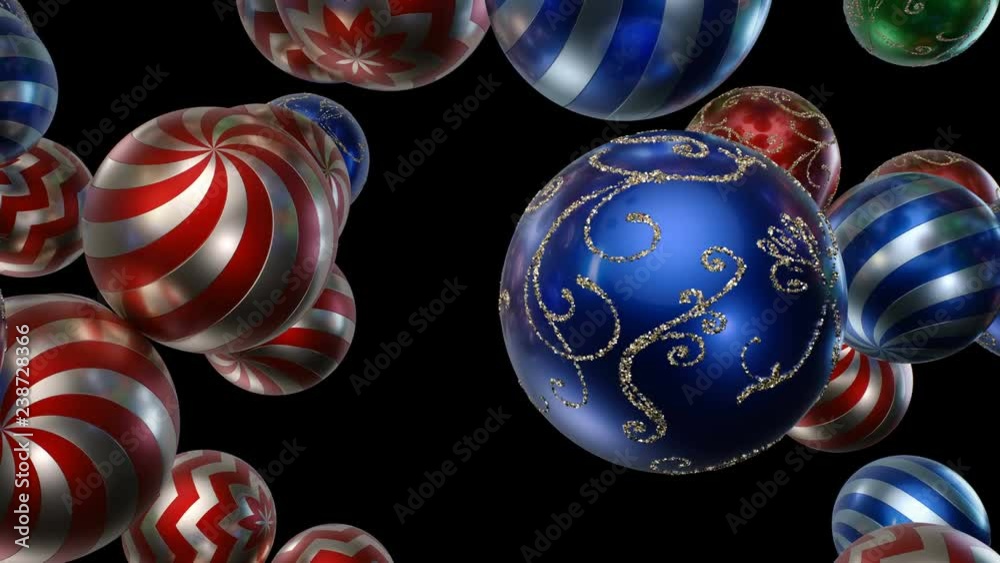 Christmas balls flying on transparent background loop, big balls ...