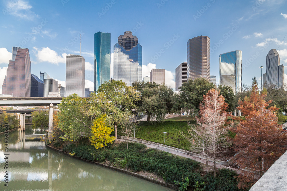 Downtown Houston, Texas over Buffalo Bayou as seen from Sabine bridge ...