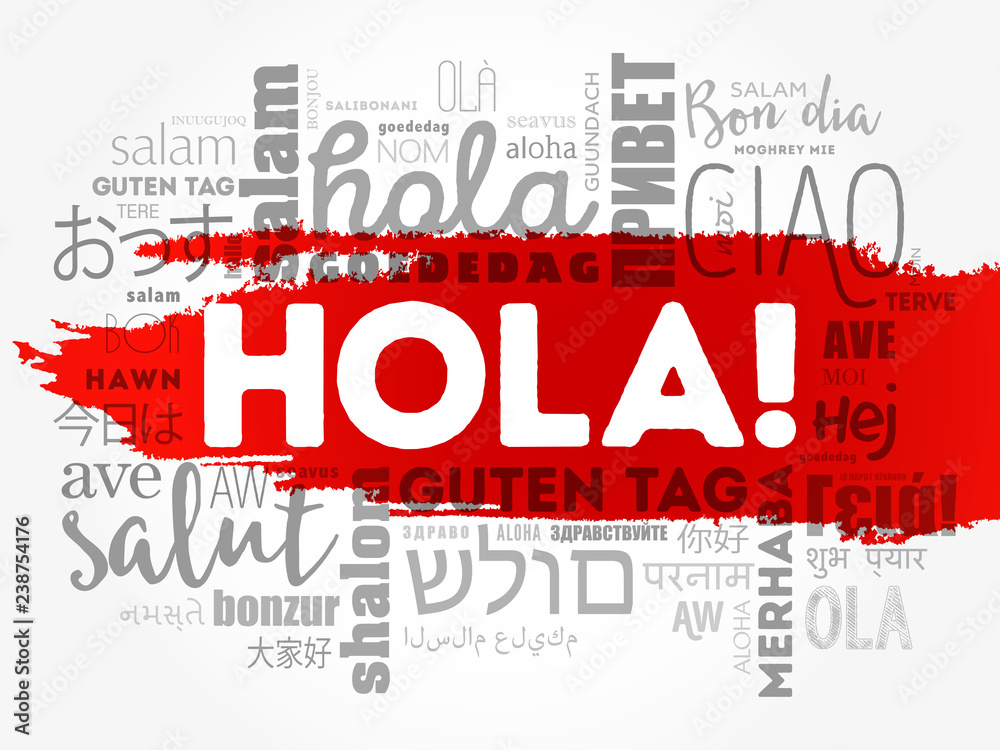 Hola! (Hello Greeting in Spanish) word cloud in different languages of ...