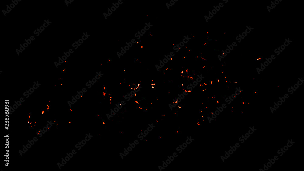 Fire effect dust debris isolated on black background, motion powder ...